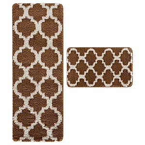 wunderlin Soft Trellis Kitchen Runner Rugs Collection Non-Slip Kitchen Washable Rugs for Kitchen Floor Set Carpet Kitchen Rugs Sets of Two (Brown)