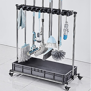 WXZX Floor-Standing Broom And Mop Rack Can Be Moved,Adjustable Height, Rack, Tool Cleaning Cart, Stainless Steel Storage Durable Storage,for Garages, Hotels, Schools, Restaurants, Etc, 8slots