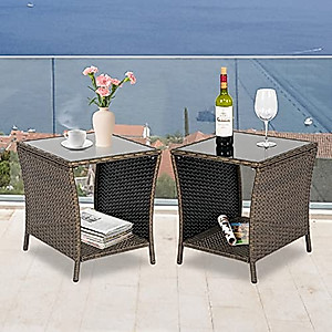 J-SUN-7 Patio Square Wicker Side Table - Set of 2 Outdoor Tempered Glass Top End Table with Storage for Patio Courtyard Balcony (Brown)