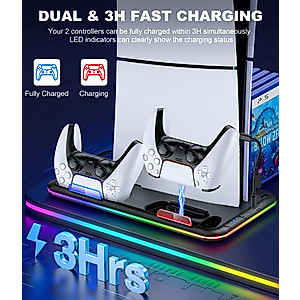 PS5/PS5 Slim Stand and Cooling Station with Controller Charging Station for Playsation 5, PS5 Accessories Kit Incl. 3 Levels Cooling Fan, LED, 15 Game Slot, Headset Holder for PS5 Digital/Disc Console
