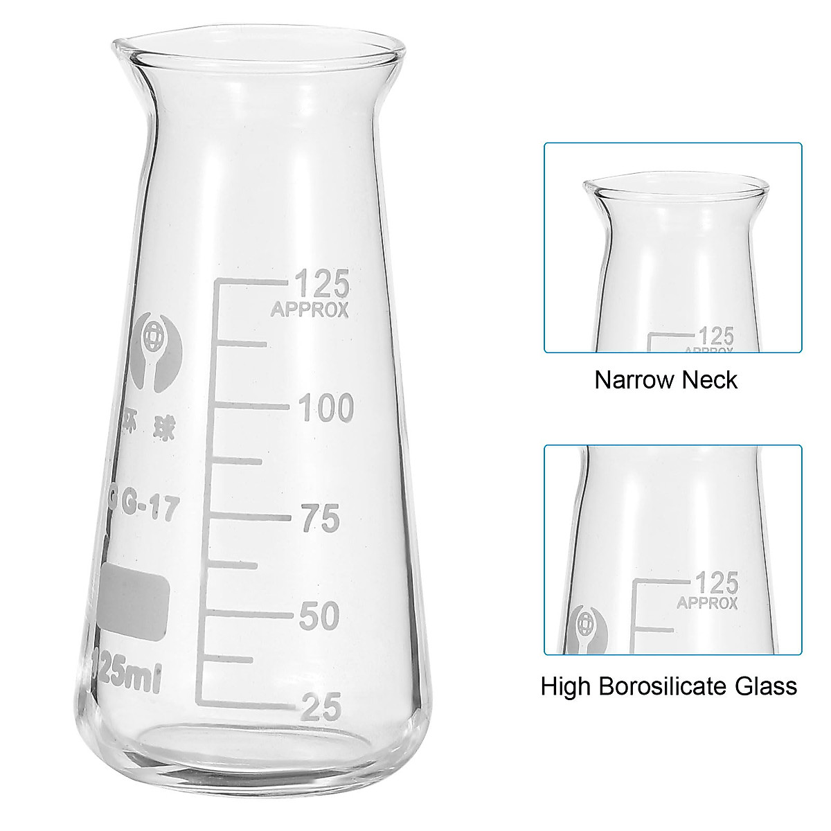 PATIKIL Erlenmeyer Flask, 6 Pcs 125ml 4.13oz Narrow Mouth Graduated Flasks Borosilicate Glass with Printed Graduation for Lab Experiment Chemistry Science Study