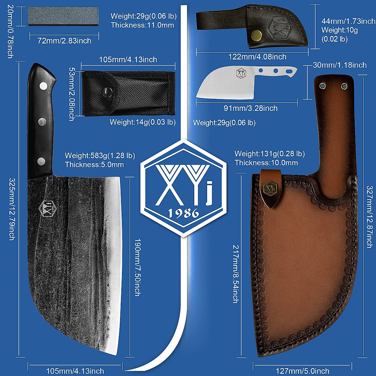 XYJ Kitchen Camping Knife Set Japanese Cooking Knives 7.5 Inch Forged Serbian Chef Knives 6.2 Inch Cleaver 6 Inch Boning Knife With Carry Bag Sheath
