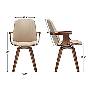WUPOTO Dining Chairs Set of 2, Mid Century Modern Dining Room Chairs, Upholstered Faux Leather Kitchen Chairs with Wooden Arms and Legs, 360 Degree Swivel (Beige)