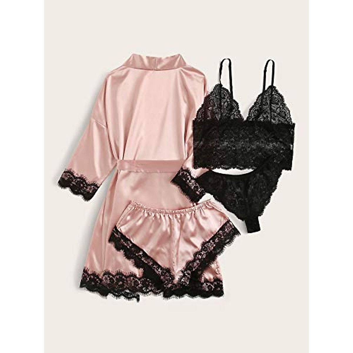 WDIRARA Women' Silk Satin Pajamas Set 4pcs Lingerie Floral Lace Cami Sleepwear with Robe Pink S