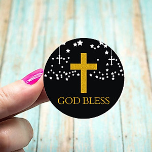 Fedyufook Black and Gold Cross Stickers God Bless Sticker Labels for Religious Baptism, Confirmation, Christening, First Communion - 2 Inches - 50 Count