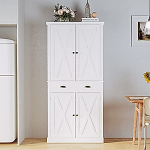 IRONCK Kitchen Pantry Storage Cabinet 72" Height, with Barn Doors, Drawer, 4 Adjustable Shelves, Freestanding Cupboard for Dining Room Living Room, Laundry, White