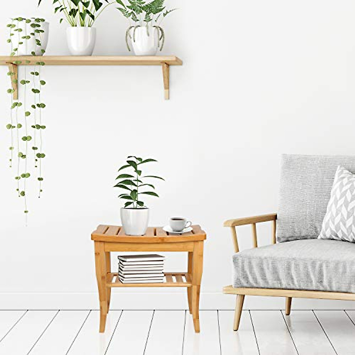 Hossejoy Bamboo Shower Bench Seat Wood Spa Bath Luxury Organizer Stool Shower Chair with Storage Shelf, Perfect for Indoor or Outdoor (19''x10.2''x17.7'')