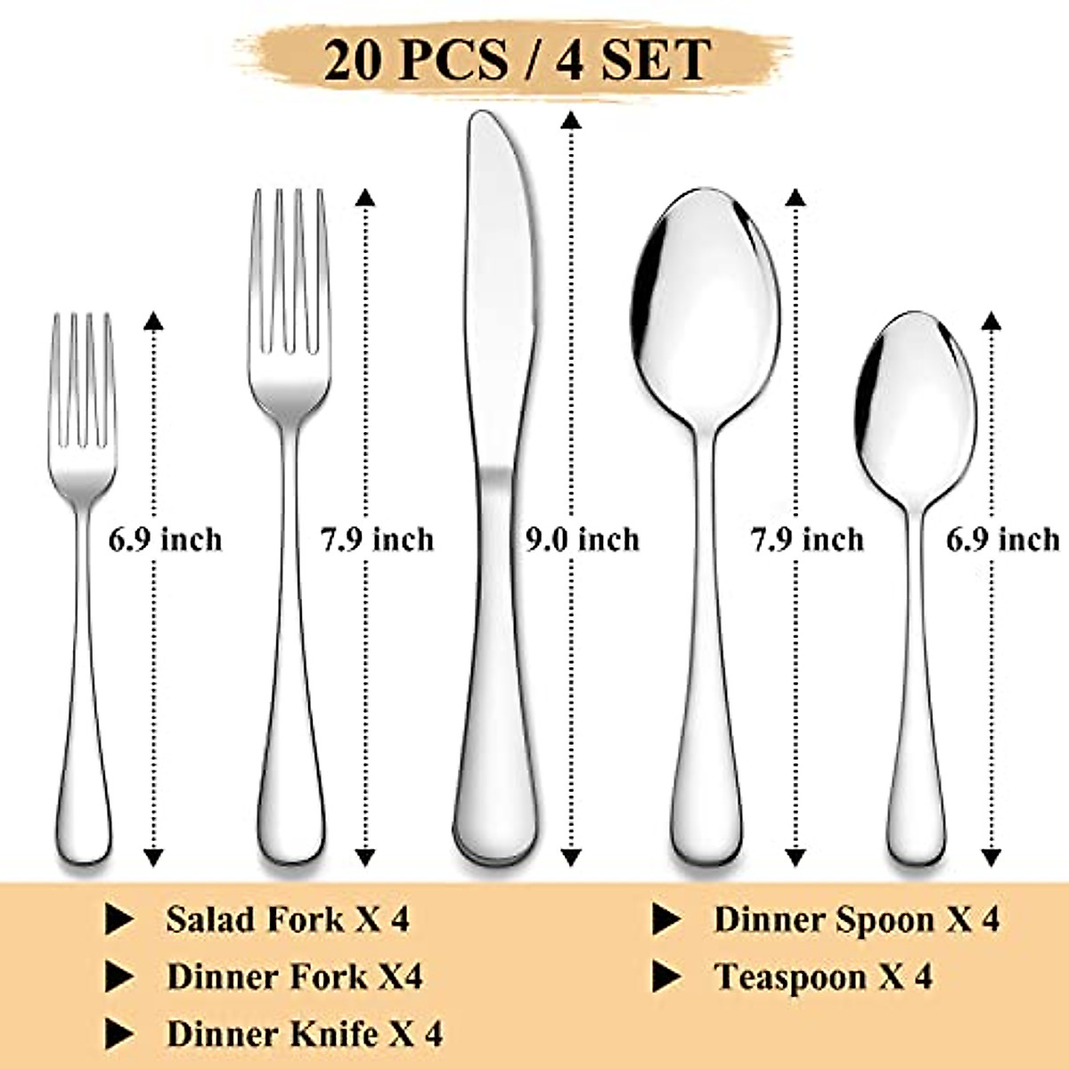 Wildone 20-Piece Silverware Set, Stainless Steel Flatware Cutlery Set Service for 4, Tableware Eating Utensils Include Knife/Fork/Spoon, Mirror Polished, Dishwasher Safe