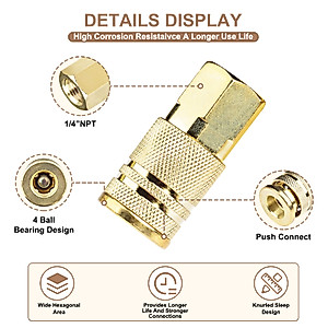 Toolsland 10 Pack Female Air Coupler, 1/4-Inch NPT Thread Quick Connect Air Tool Fittings, Industrial M Style Coupler with Brass Finish for Quickly and Safely Disconnect Air Hose