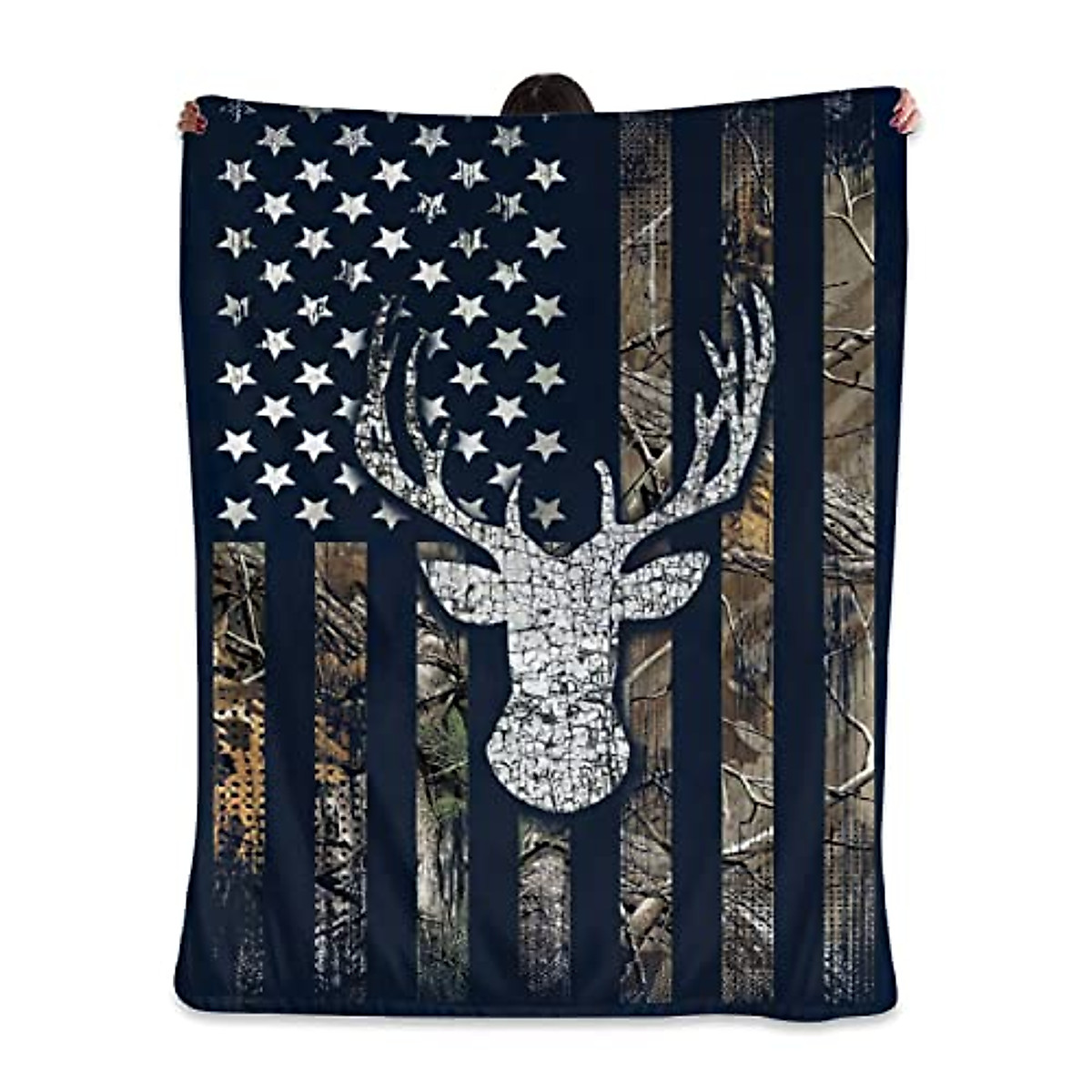 Fullet Deer Hunting Blanket American Flag Camo Throw Blankets Camouflage Hunting Gifts for Men Women Throw Blanket for Bed and Couch 60''x50''