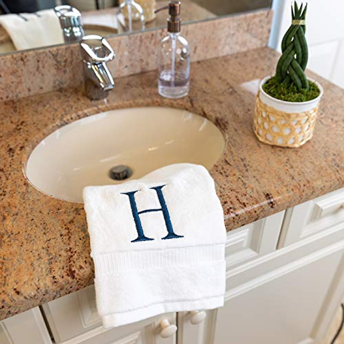 Monogrammed Hand Towels for Bathroom - Luxury Hotel Quality Personalized Initial Decorative Embroidered Bath Towel for Powder Room, Spa - GOTS Organic Certified - Set of 2 Navy Letter H