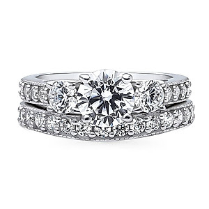 BERRICLE Sterling Silver 3-Stone Wedding Engagement Rings Round Cubic Zirconia CZ Ring Set for Women, Rhodium Plated Size 8