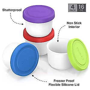 BALCI - 16oz Ice Cream Containers with Silicone Lids (Set of 4) - 1 Pint Each Freezer Food Storage Containers, Reusable, LeakProof, For Homemade IceCream Containers - Blue, Red, Green, Purple