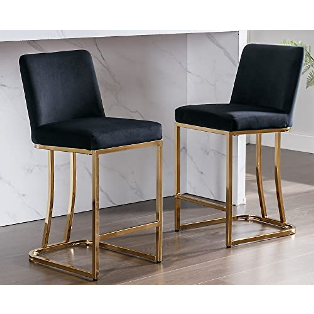 VESCASA 24" H Counter Height Barstools with Back, Mid Century Modern Velvet Upholstered Counter Stool Chairs with Gold Metal Frame for Kitchen Island, Bar, Pub, Set of 2, Black