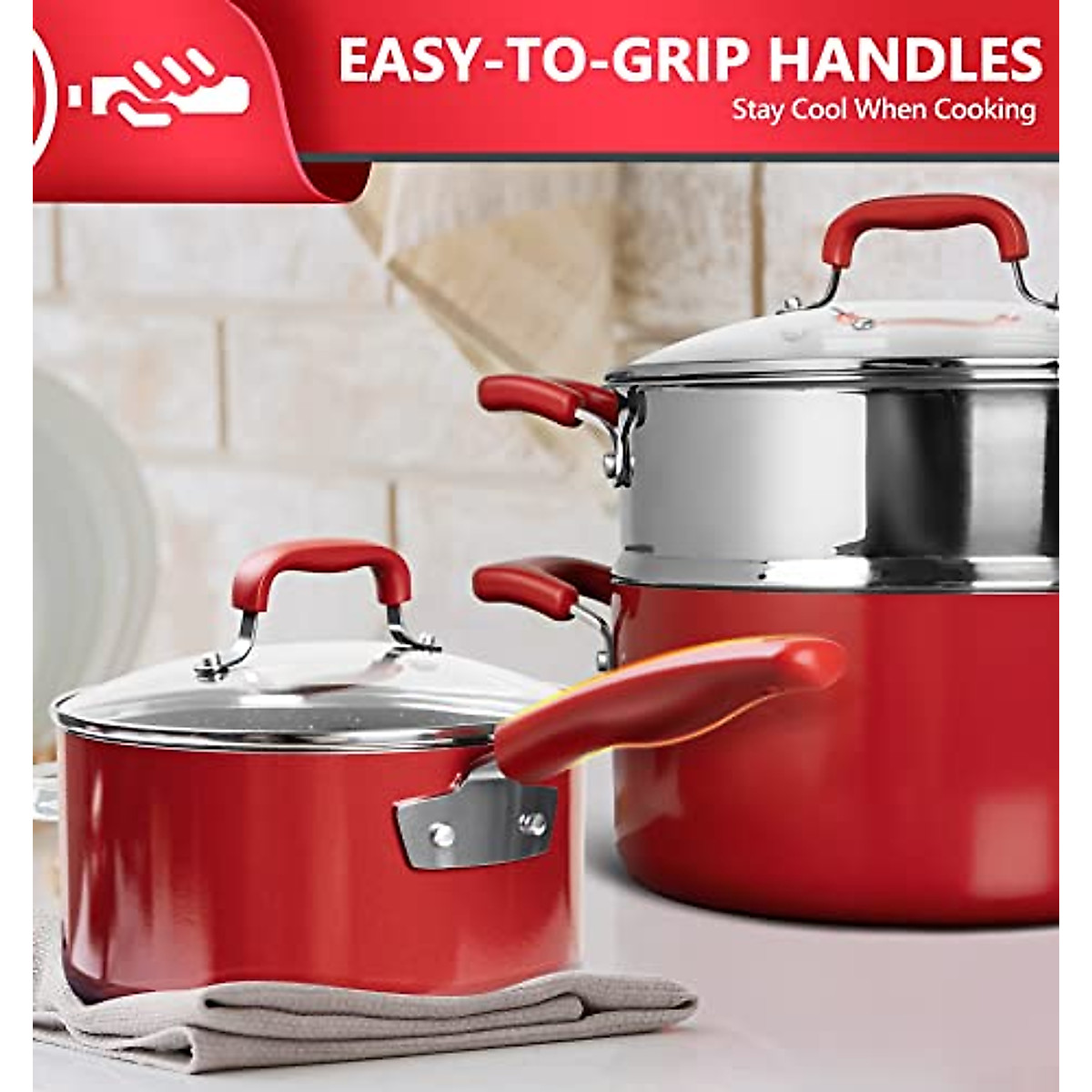 MICHELANGELO Pots and Pans Set Nonstick, 15 Pcs Kitchen Cookware Sets with Porcelain Enamel Exterior and Nonstick Granite-derived Coating, Enamel Cookware Set with 5 Utensils - Red