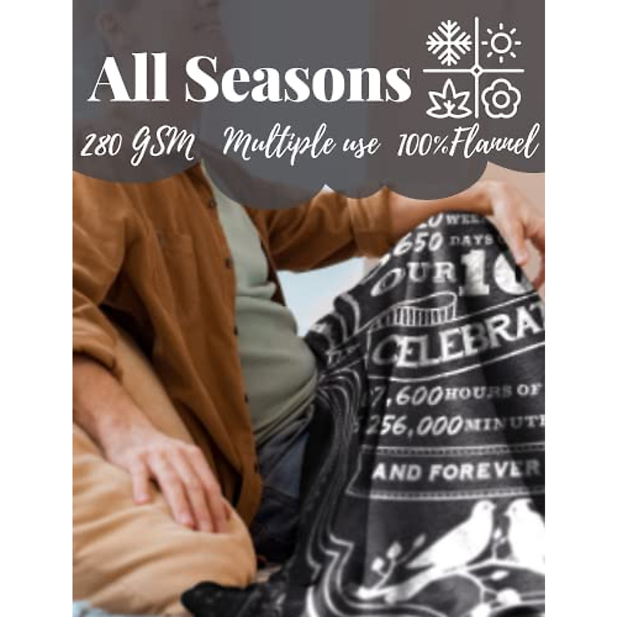 InnoBeta 10th Anniversary Tin Gifts, 10th Marriage Wedding Anniversary, Valentine's Day Gifts for Husband, Wife, 10 Year Wedding Anniversary Blanket for Him, 10th for Her and Couple (50"x65")