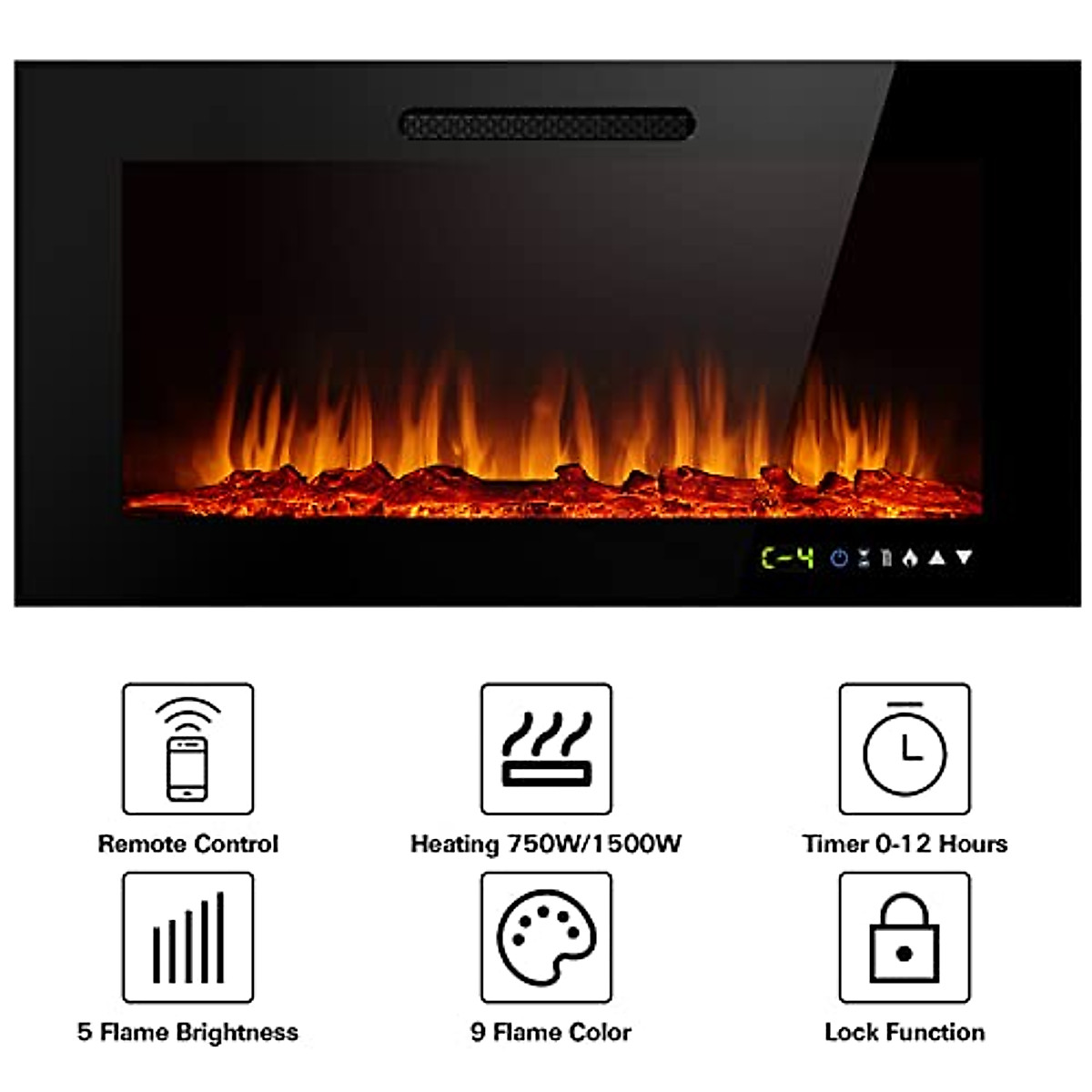 Hykolity 36 inch Electric Fireplace Inserts, 750/1500W Recessed and Wall Mounted Electric Fireplace, Electric Wall Fireplace Heater with Remote Timer, Touch Screen, Log/Crystal Hearth Options