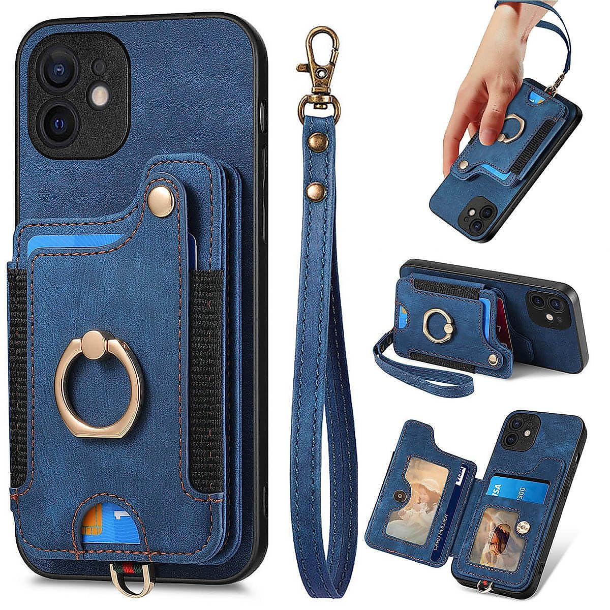 JanCalm for iPhone 12 Cases Wallet Card Holder 2023,Ring Holder Stand,RFID-Blocking,Wrist Strap,Camera Lens Protector,Leather Magnetic Protective Flip Cover for iPhone Case 12 (6.1", Blue)