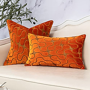 Yangest Burnt Orange Velvet Wave Lumbar Throw Pillow Cover Wavy Line Luxury Cushion Case Modern Zippered Rectangular Pillowcase for Sofa Couch Bedroom Living Room Home Decorative, 12x20 Inch