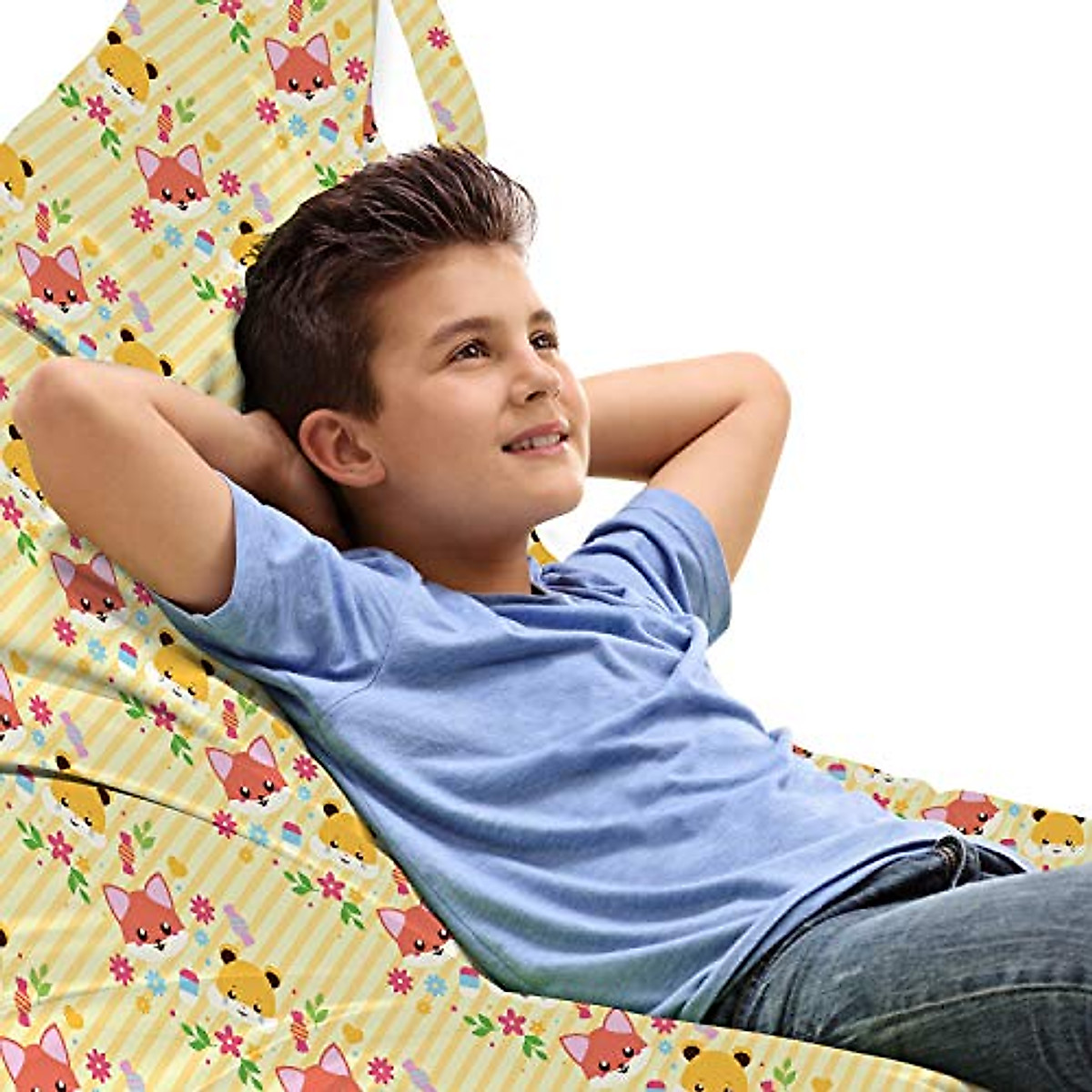Ambesonne Cartoon Lounger Chair Bag, Happy Little Foxes Flower Bouquets Ice Cream Candy Cheerful Pattern, High Capacity Storage with Handle Container, Lounger Size, Pastel Yellow Multicolor