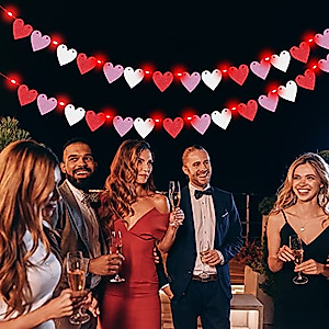 2 Pieces Heart Garland Banner for Valentines Day with Red Led Lights Decorations Red Pink White Heart Felt Banners Garland for Fireplace, Anniversary, Wedding, Engagement Party Home Decor (Style 2)