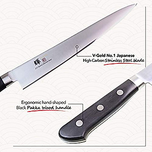 JCK Original Kagayaki Japanese Chef’s Knife, KG-9ES Professional Sujihiki Knife, VG-1 High Carbon Japanese Stainless Steel Pro Kitchen Knife with Ergonomic Pakka Wood Handle, 9.4 inch