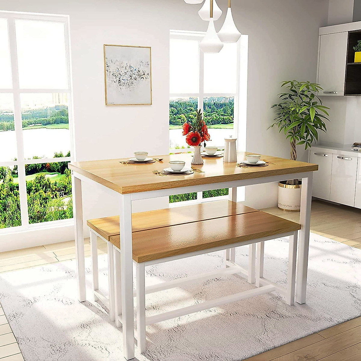 AWQM Dining Room Table Set, Kitchen Table Set with 2 Benches, Ideal for Home, Kitchen and Dining Room, Breakfast Table of 47.2x28.7x28.7 inches, Benches of 41.3x11.8x17.7 inches, Beige