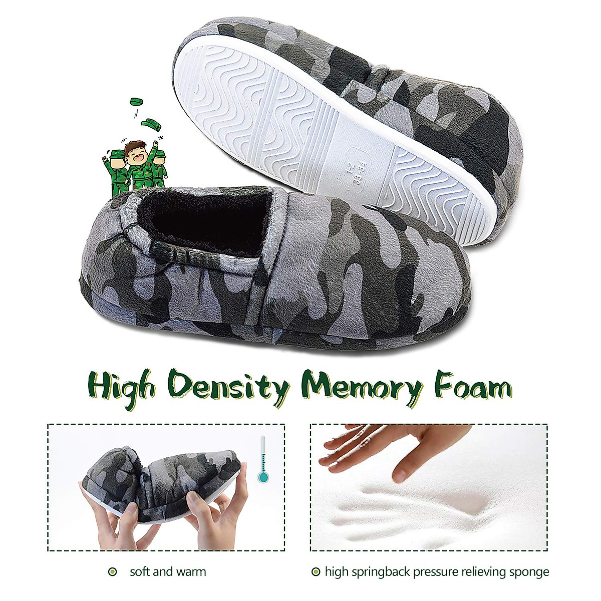 LA PLAGE Boys House Slippers with Cozy Memory Foam Slip On Camo House Shoes, Breathable Indoor Outdoor Warm Winter Home Slippers for Little Big Kids 3-4 US Grey
