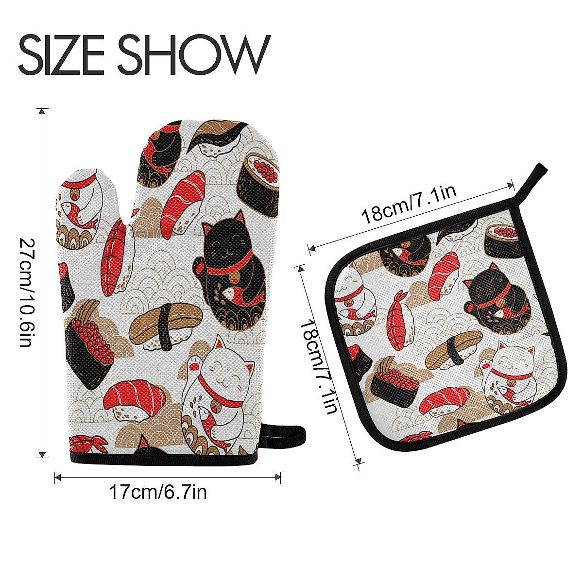 ZZXXB Maneki Neko Cat Oven Mitts and Pot Holders Set of 2 Heat Resistant Non-Slip Kitchen Gloves for Cooking Baking Barbecue Grilling