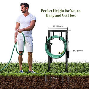 Winpull Garden Hose Holder Water Hose Holder with 4 Spikes, Freestanding Hose Hanger Outdoor Hold Stand Heavy Duty 6 Hooks Metal Garden Hose Storage Hose Reel Rack for Outside (Black)