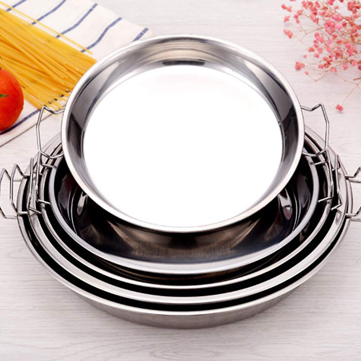 Hemoton 4pcs Stainless Steel Everyday Pan Cold Noodle Plate Chef Stir Fry Pan Steamer Pot Saucepot Casserole Pot Tray Dish with Handles for Home Kitchen Food Serving