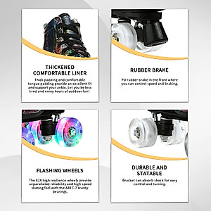 Women's Roller Skates Light Up Wheels, Leather Adjustable Double Row Roller Skates Illuminating Derby Skates Illuminating for Teens and Youth (Lightning Black Flash Wheel,8.5)