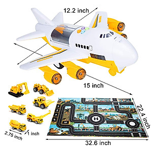 Car Toys Set with Transport Cargo Airplane and Large Play Mat, Educational Vehicle Construction Car Set for Kids Toddler Boys Child Gift for 3 4 5 6 Years Old, 6 Cars, Large Plane, 11 Road Signs