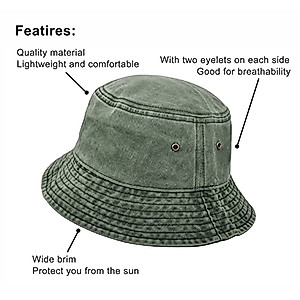 Bucket Hat, Wide Brim Washed Denim Cotton Outdoor Sun Hat Flat Top Cap for Fishing Hiking Beach Sports Army Green