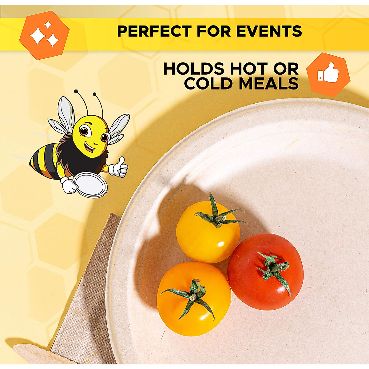 Beeleeve [125-Pack / 9-Inch 100% Compostable Disposable Round Bagasse Paper Plates - Biodegradable Sugarcane Fibre - Strong Heavy Duty Rigid Design - Sustainable & Food-Grade - Natural Brown Colour