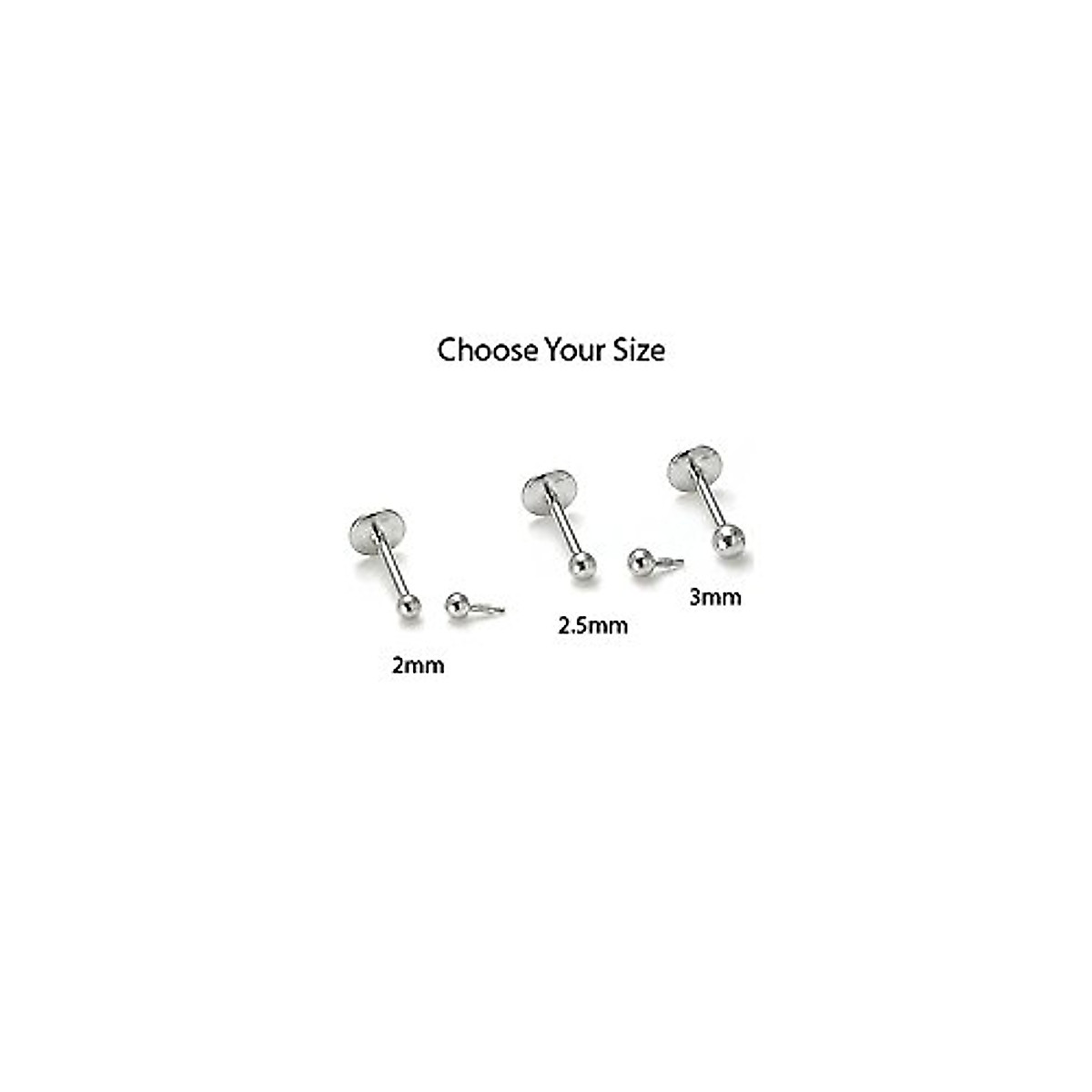 316L Surgical Steel Labret Style Nose Stud Internally Threaded Screw Post 9/32" 2.5mm Ball 16G