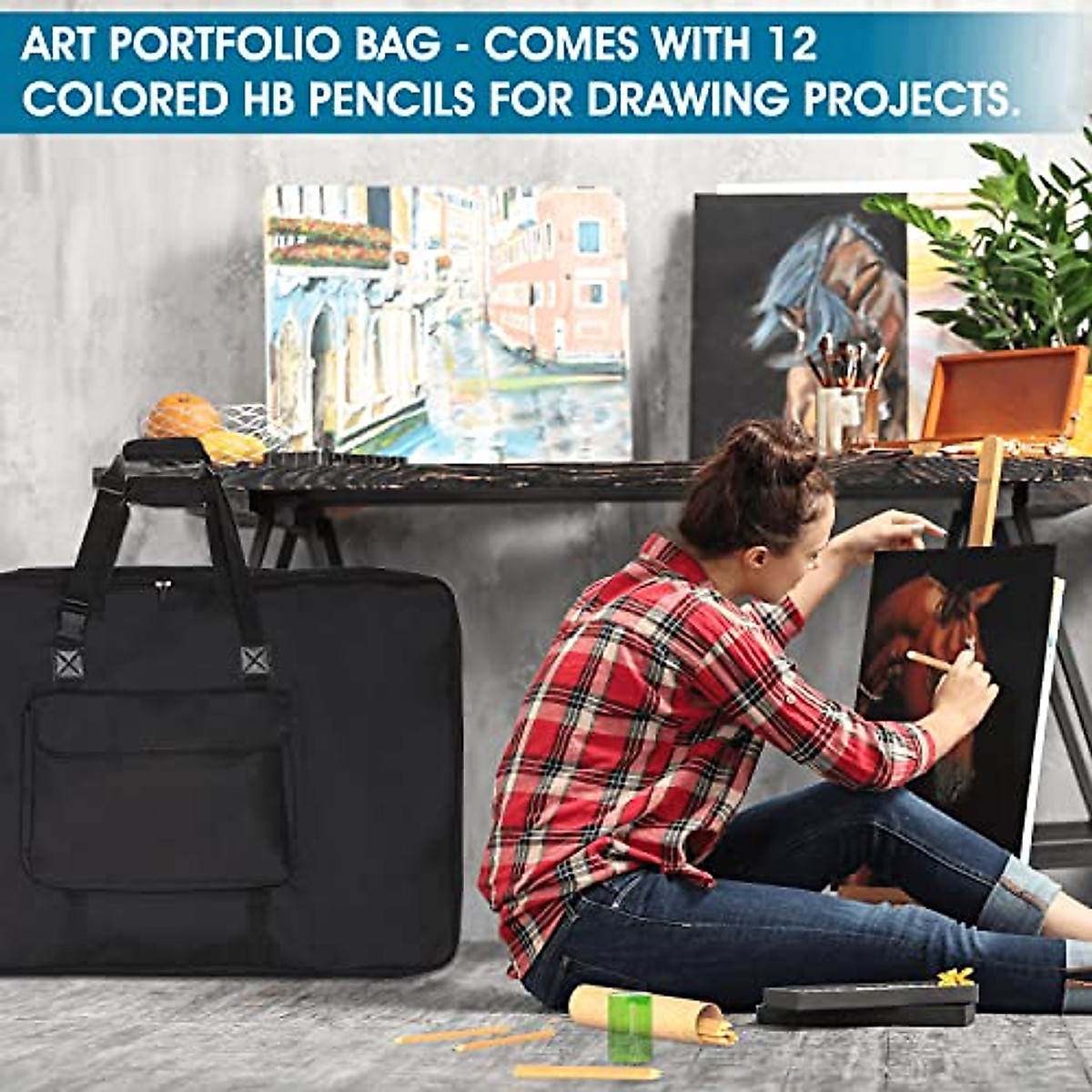Art Portfolio Case 24 x 36 in. with 12 Color Pencil Set and Sharpener- Large Lightweight Art Portfolio Bag with Shoulder Strap and Handle - Artwork Storage Totes - Black Art folder Storage Bag