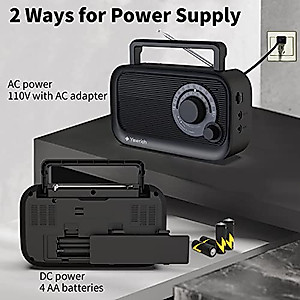 AM FM Radio with Best Reception, Bluetooth Speaker Portable Radio, DSP Plug in Wall Radio Battery Operated or AC Power with Headphone Jack, Large Tuning Knob for Home Kitchen Outdoor, Black