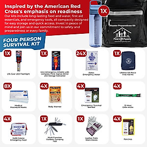 First My Family 4-Person Emergency Survival Kit with LifeStraw Water Filter - Disaster Preparedness Backpack with Hurricane and Earthquake Supplies, 72 Hour Survival Gear