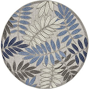 Nourison Aloha Indoor/Outdoor Grey/Blue 5'3" x Round Area Rug, Easy Cleaning, Non Shedding, Bed Room, Living Room, Dining Room, Backyard, Deck, Patio (5 Round)