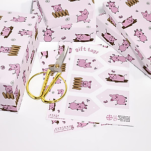 CENTRAL 23 Pig Wrapping Paper - 6 Sheets of Gift Wrap - Pink Wrapping Paper Sheets for Girls - Comes with Fun Stickers - Made in the UK