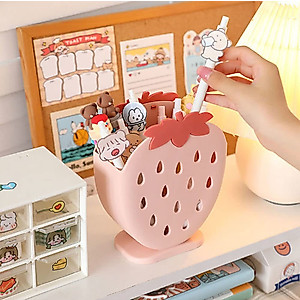 Strawberry Desk Organizer with 2 Compartments Cute Kawaii Pencil Holder Make Up Brush Holders Pen Holder for School Girls Teens Room Decor Storage and Organization (Light Pink)