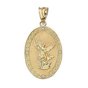 10K Yellow Gold Diamond Accented 1” Oval Saint Michael The Archangel Medal Pendant (G-H Color, SI1-SI2 Clarity)
