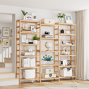 FOTOSOK Triple Wide 6-Tier Bookshelf and Bookcase,Large Freestanding Book Shelf with 17 Open Display Shelves, Tall Bookshelf Plant Flower Shelf Rack Storage Organizer Unit for Living Room, Natural