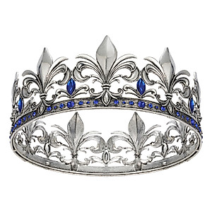 SWEETV Antique Silver King Crown for Men/Women (Unisex), Men's Tiara Prince Diadem, Crystal Medieval Headwear, Royal Costume Hair Accessories for Cosplay Birthday Wedding Halloween, Blue