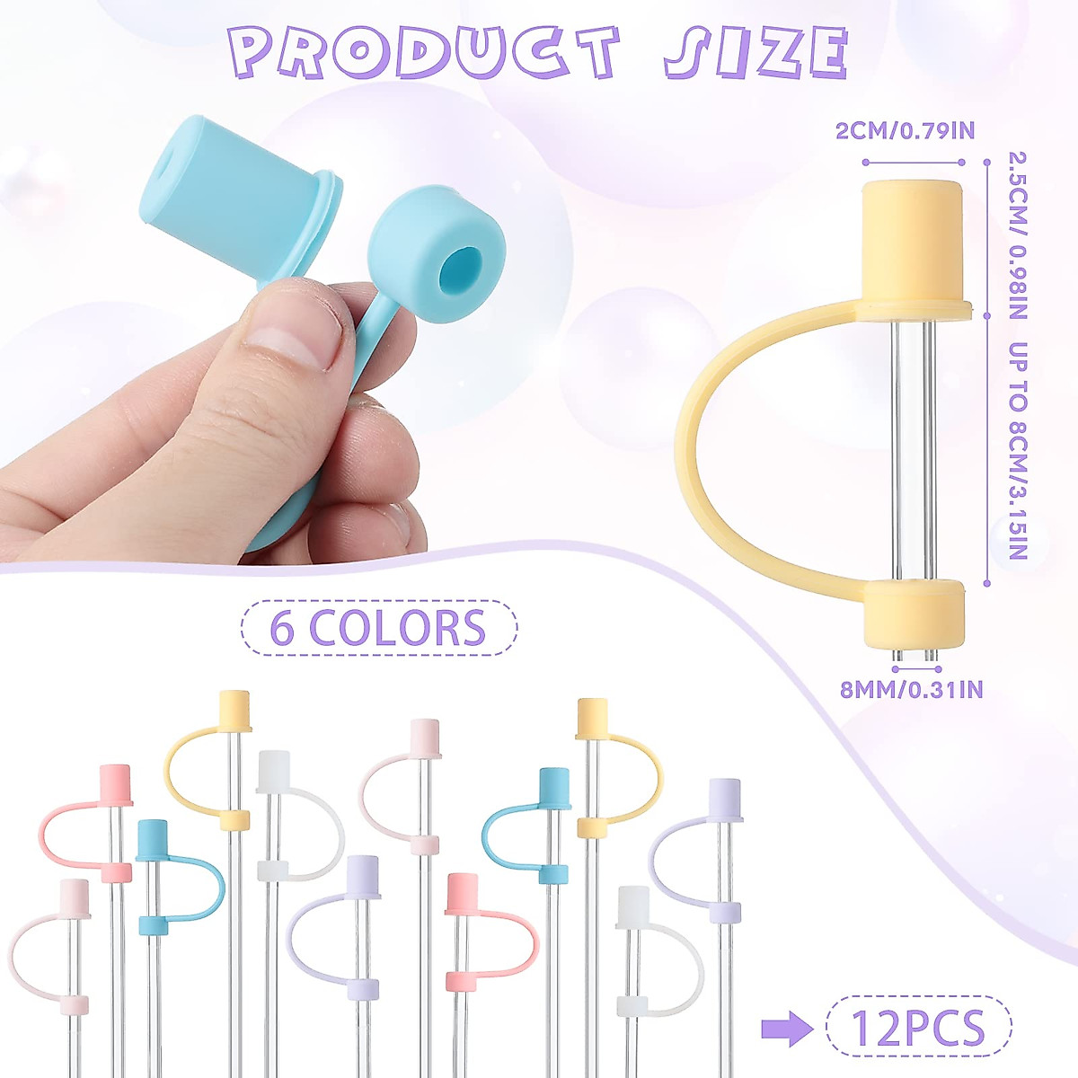 12 Pieces Straw Covers Cap Silicone Straw Tips Cover Reusable Drinking Straw Tips Lids Dust Proof Straw Plugs for 7-8 mm Straws, 6 Colors