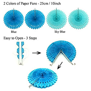 ZERODECO Party Decoration, 21 Pcs Blue Hanging Paper Fans, Pom Poms Flowers, Garlands String Polka Dot and Triangle Bunting Flags for Boy Birthday Parties, Bridal Showers, Baby Showers, Wedding