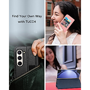 TUCCH Wallet Case for Galaxy Z Fold 5, Shockproof PU Leather Case with S Pen Holder RFID Blocking [Kickstand]Card Slot, PC Shell Flip Cover Compatible with Galaxy Z Fold5 5G 7.6" 2023, Textured Black
