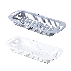 FENGZIZH Adjustable Dish Drainer Dish Rack Over The Sink,Drying Rack, Extendable Vegetable Fruit Washing Basket, Collapsible Strainer Basket,Plastics(Grey+White)