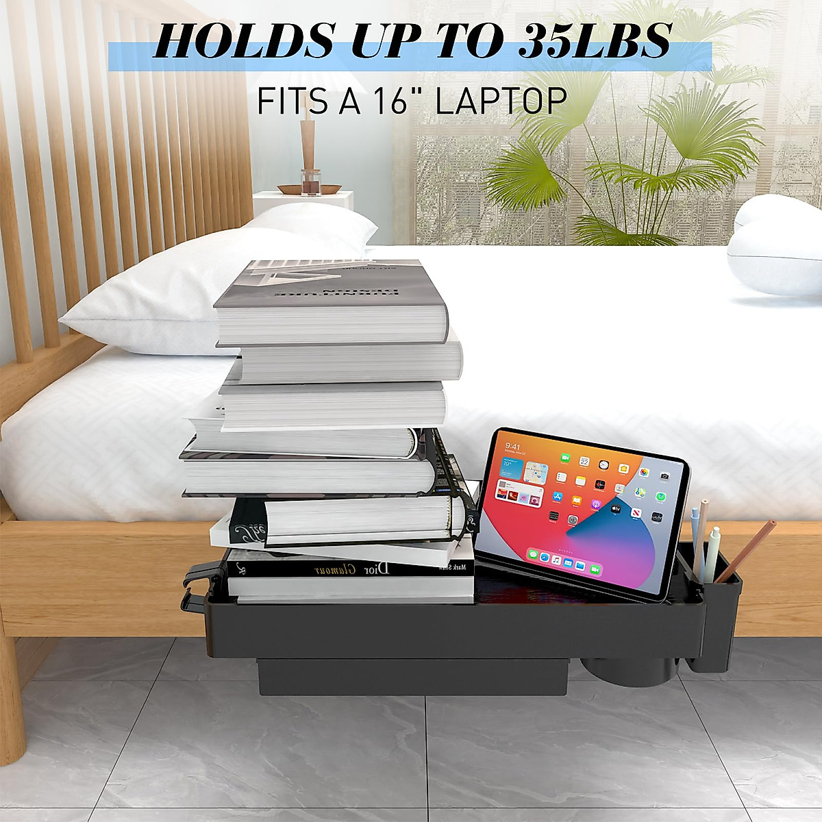 Ronlap Folding Bedside Shelf, Bunk Bed Shelf Organizer for Top Bunk Clip On Nightstand Plastic Bedside Shelf Tray for Kids with Cup Holder Hooks Hanging Cup, Plus Size with Drawer, Black